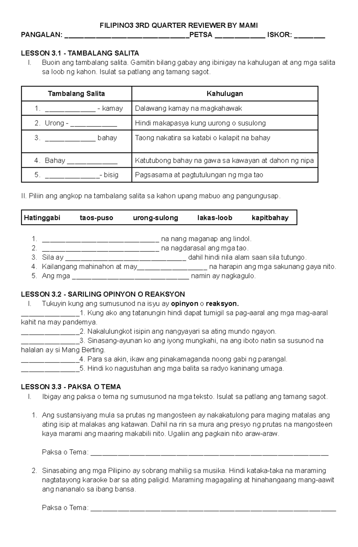 Filipino 3 3rd quarter reviewer - FILIPINO3 3RD QUARTER REVIEWER BY ...