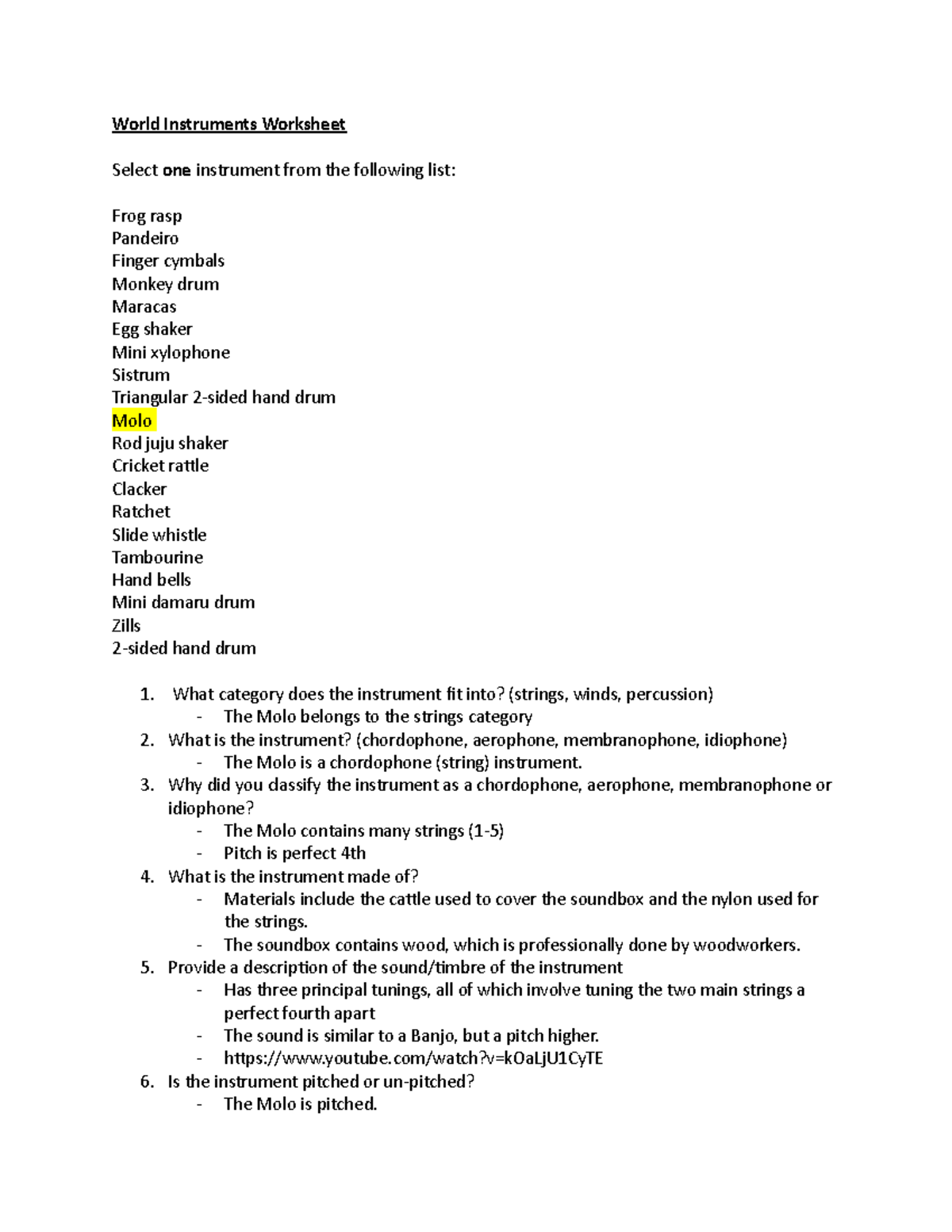 MUS101 World Instruments Worksheet - World Instruments Worksheet Select ...