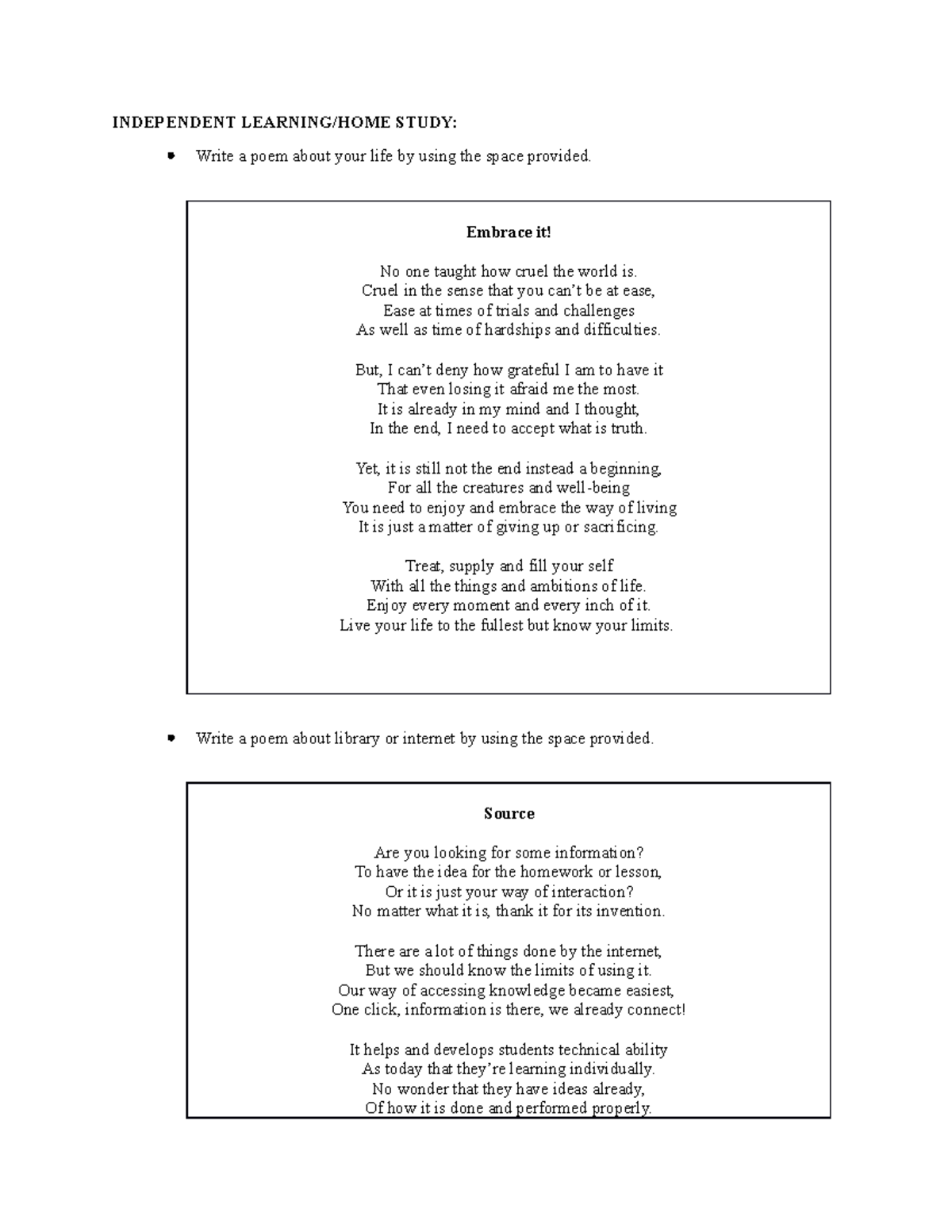 MIL Assignment - Week 4 - INDEPENDENT LEARNING/HOME STUDY: Write a poem ...