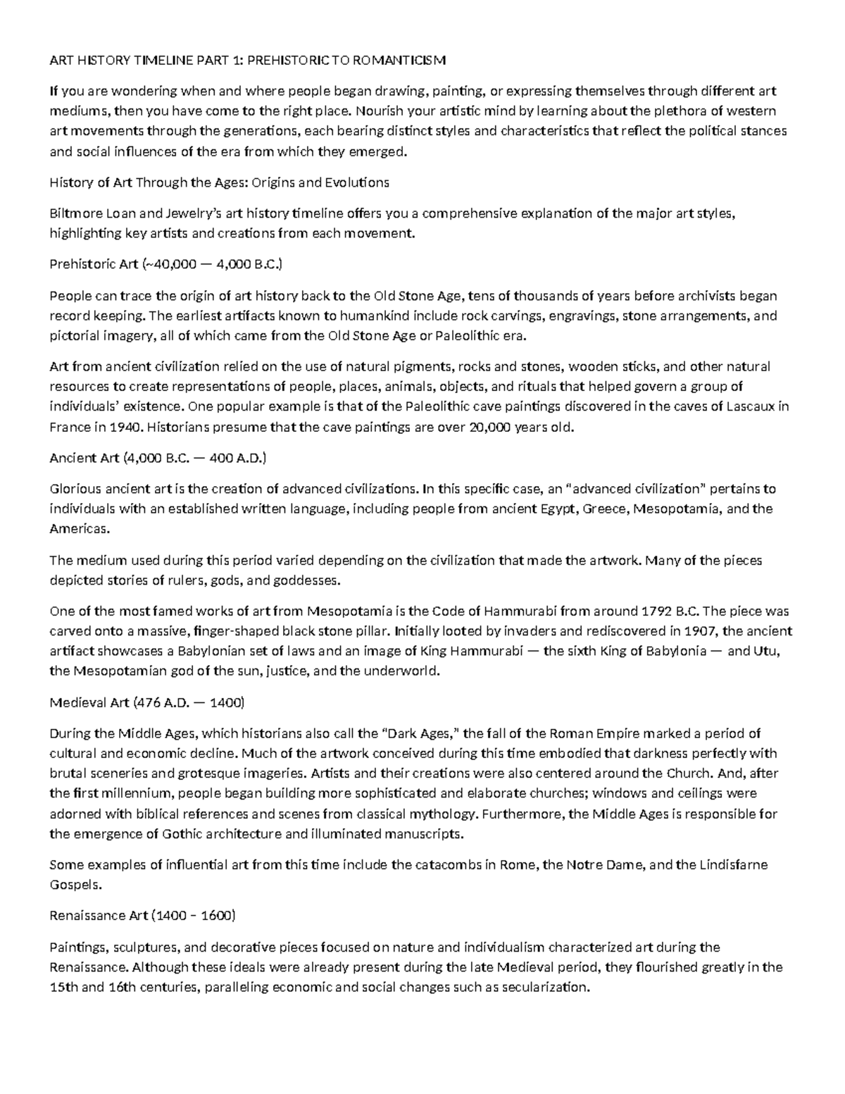 ART History Timeline PART 1 - ART HISTORY TIMELINE PART 1: PREHISTORIC ...