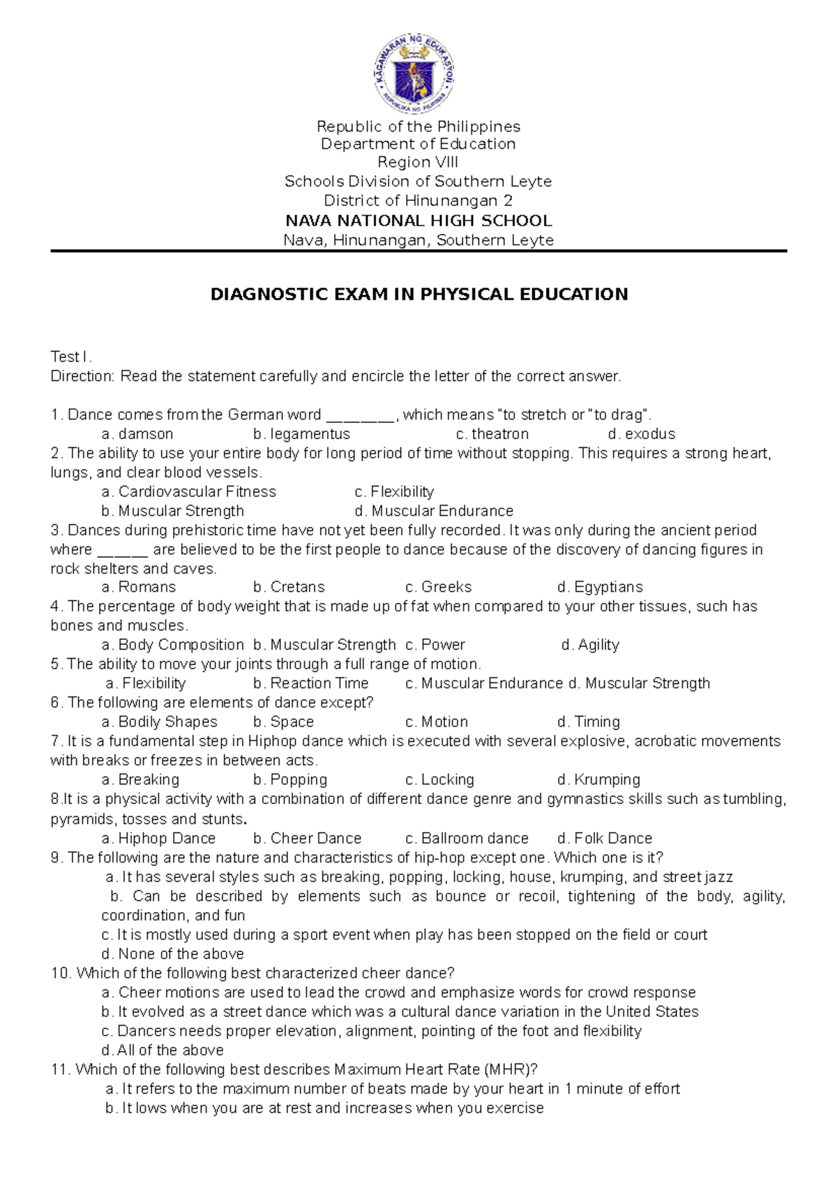 Diagnostic Physical Education - Republic of the Philippines Department ...
