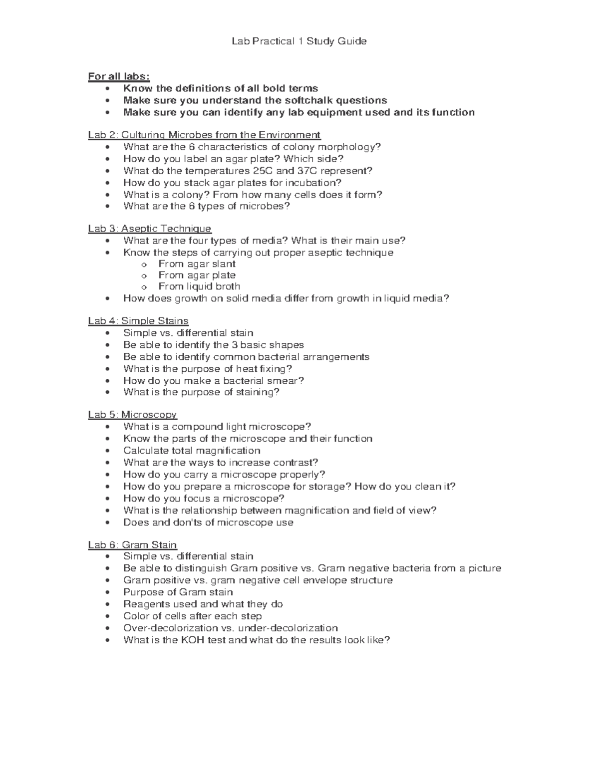 BIO 2500 Lab practical 1 study guide - Lab Practical 1 Study Guide For ...