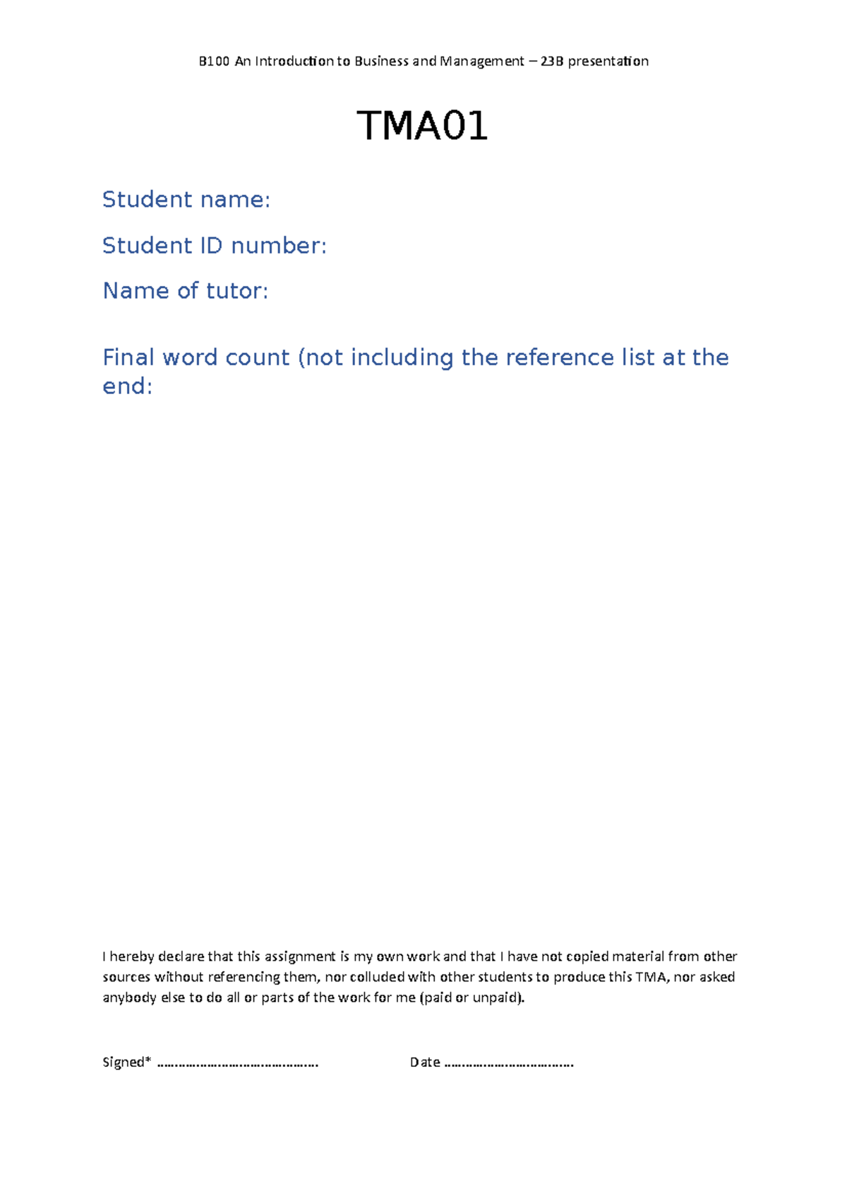 TMA01 23B Template 271022 - TMA Student name: Student ID number: Name ...