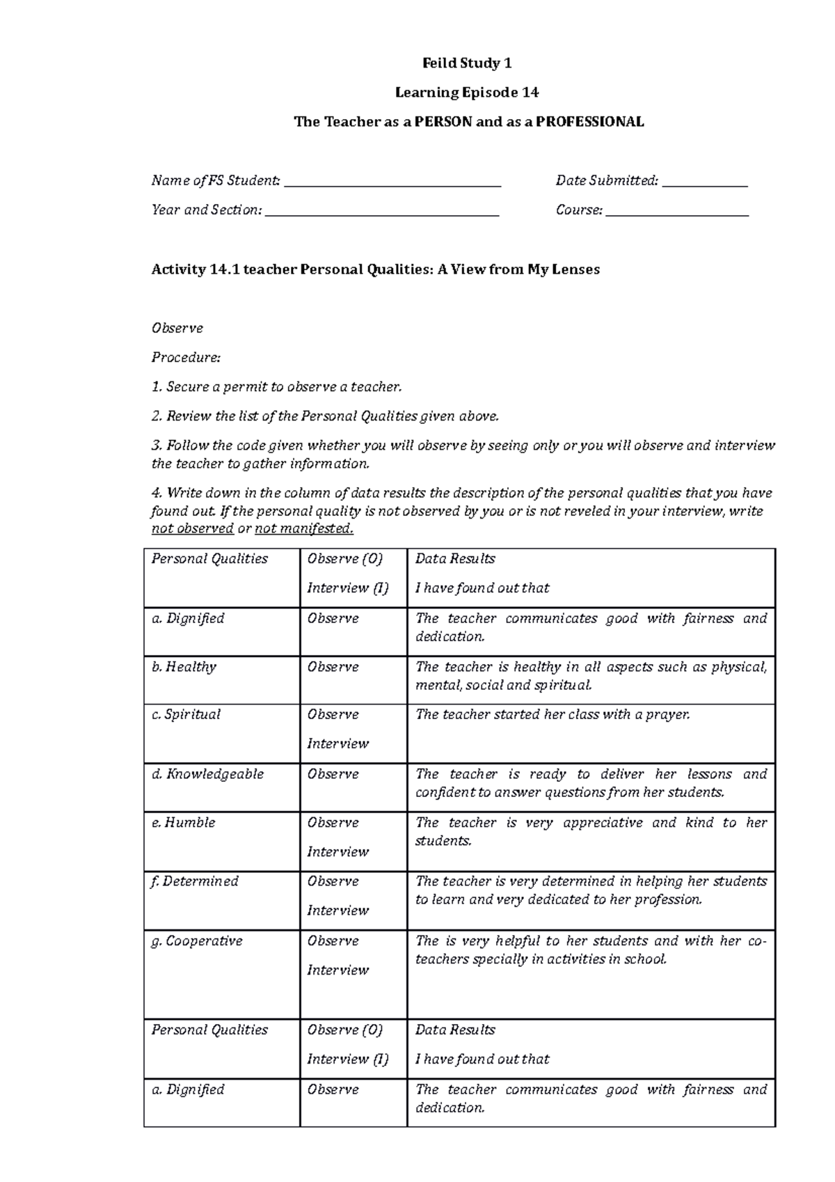 FS1 EO14 - Task - Feild Study 1 Learning Episode 14 The Teacher as a ...