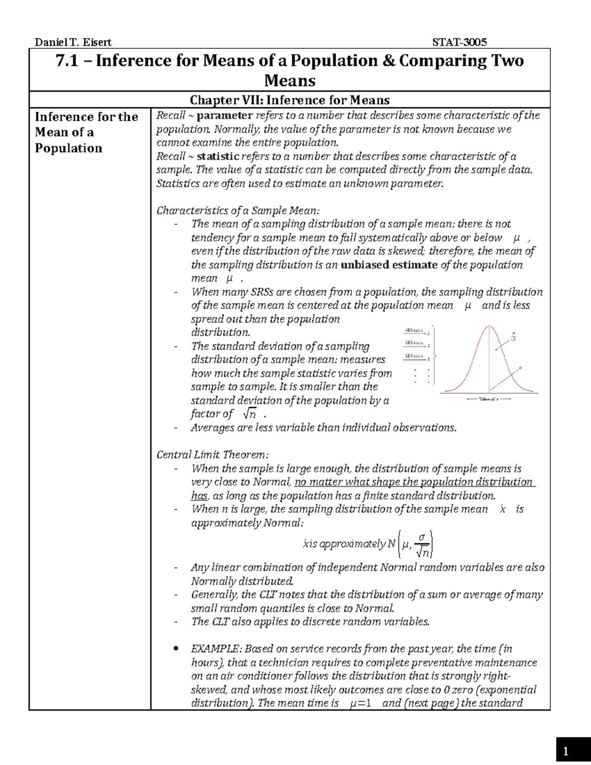 STAT-3005 - Notes - 7-1 - Inference for the Mean of a Population and ...