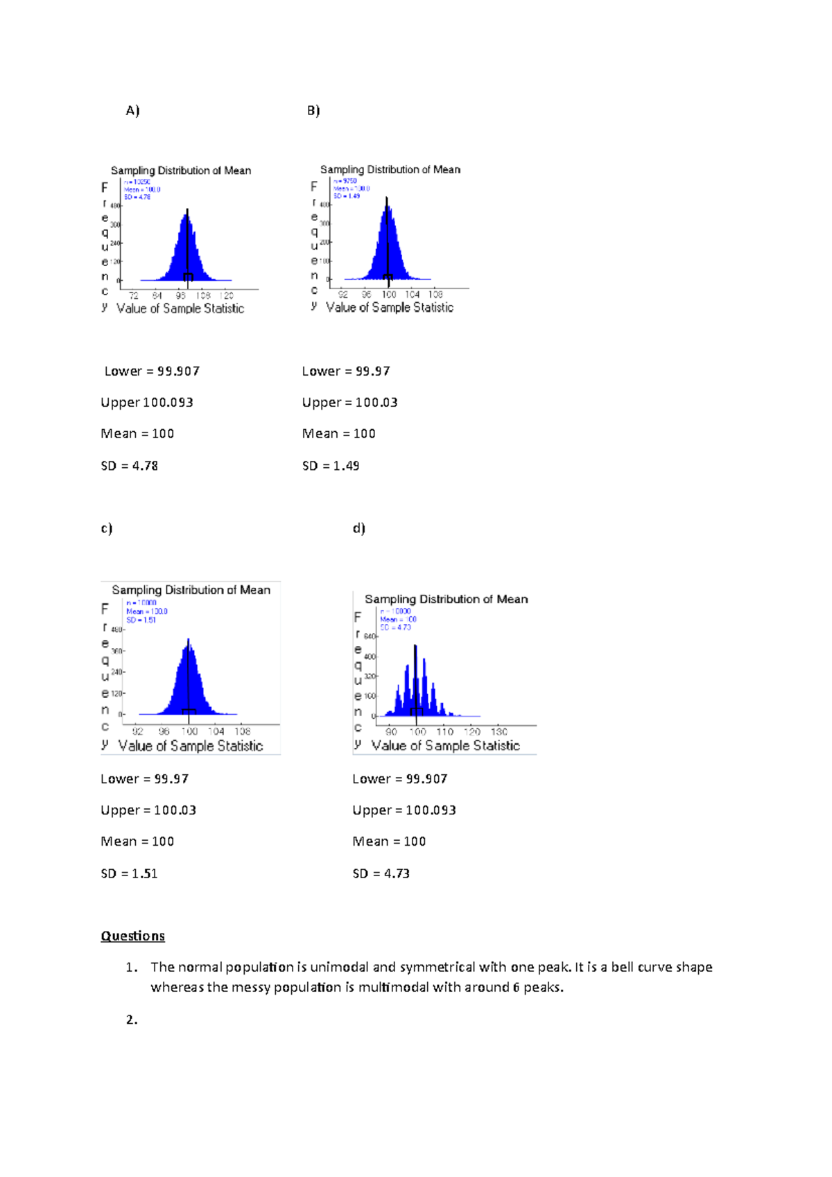 Homework Assignment 2 - A) B) Lower = 99 Lower = 99. Upper 100 Upper ...