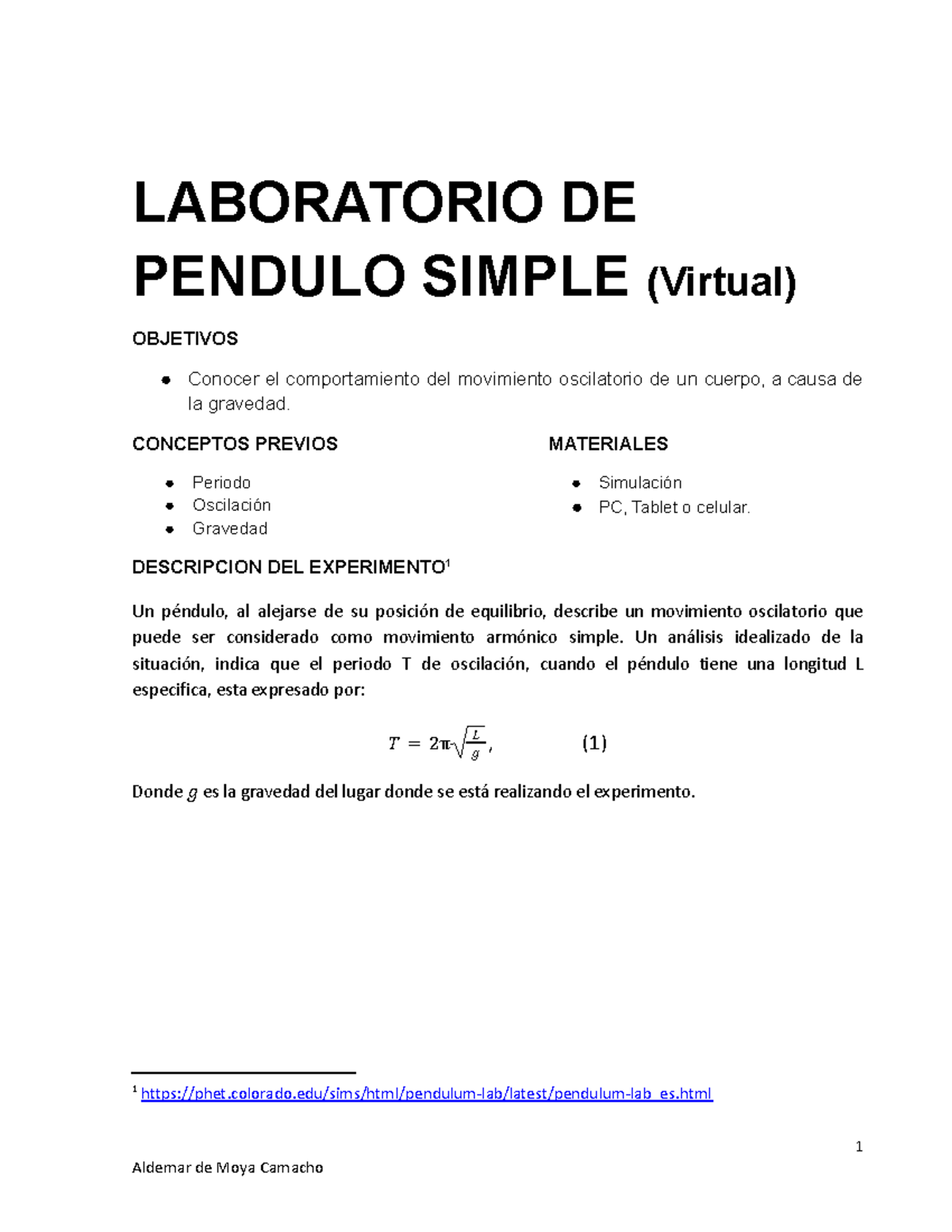 DOC-20231107-WA0048 - pendulo simple - LABORATORIO DE PENDULO SIMPLE (Virtual) OBJETIVOS Conocer ...