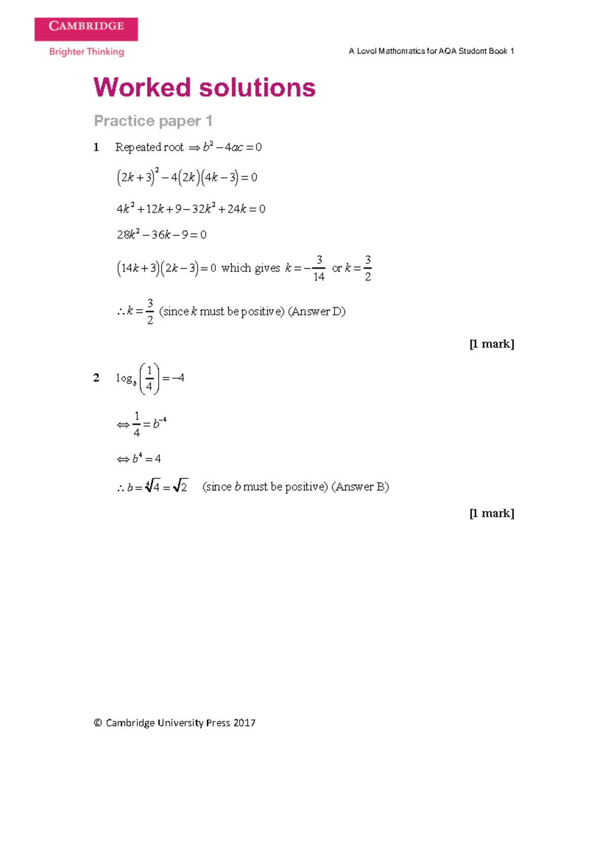 A Level Mathematics for AQA Student Book 1 practice paper solutions ...