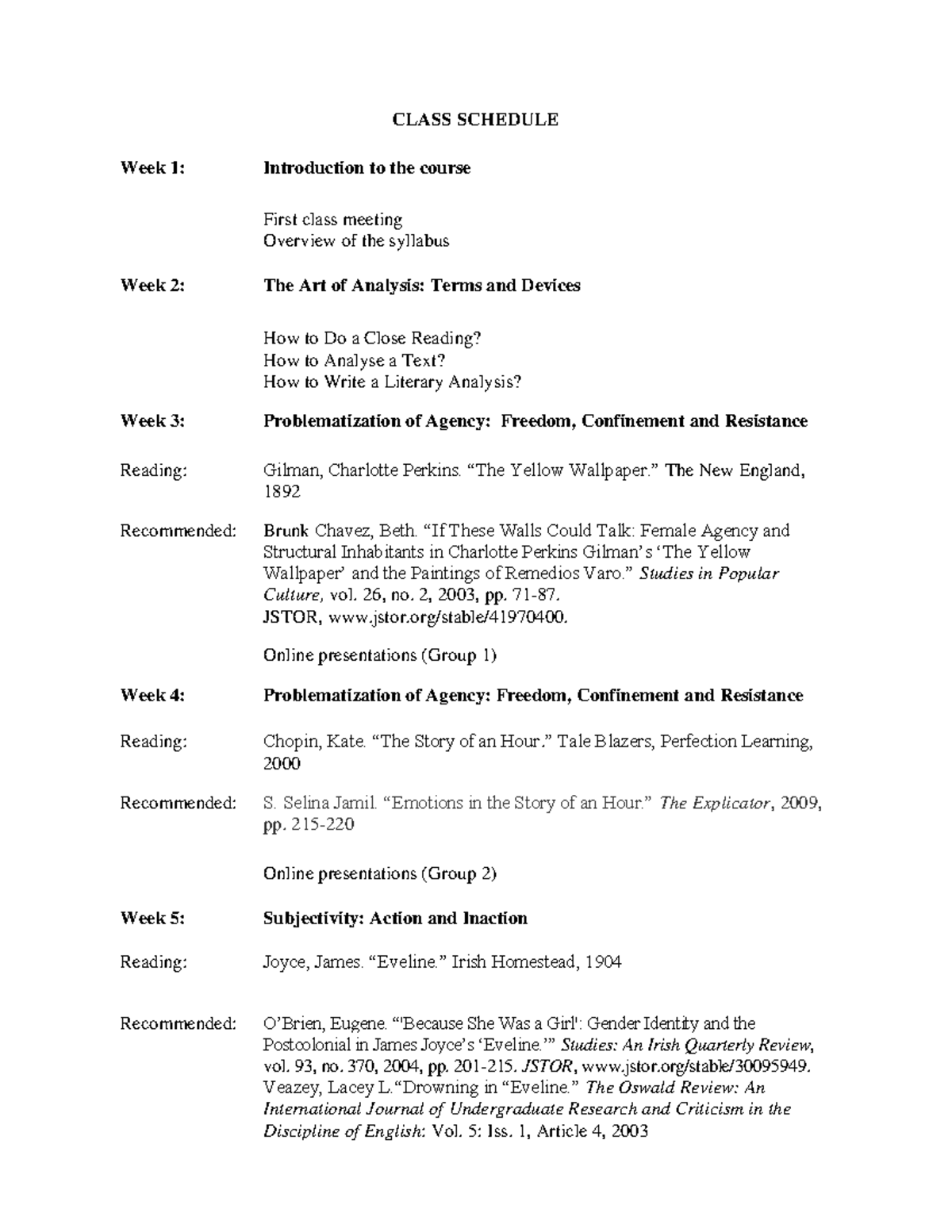 AE112 Reading List. pdf - CLASS SCHEDULE Week 1: Introduction to the ...