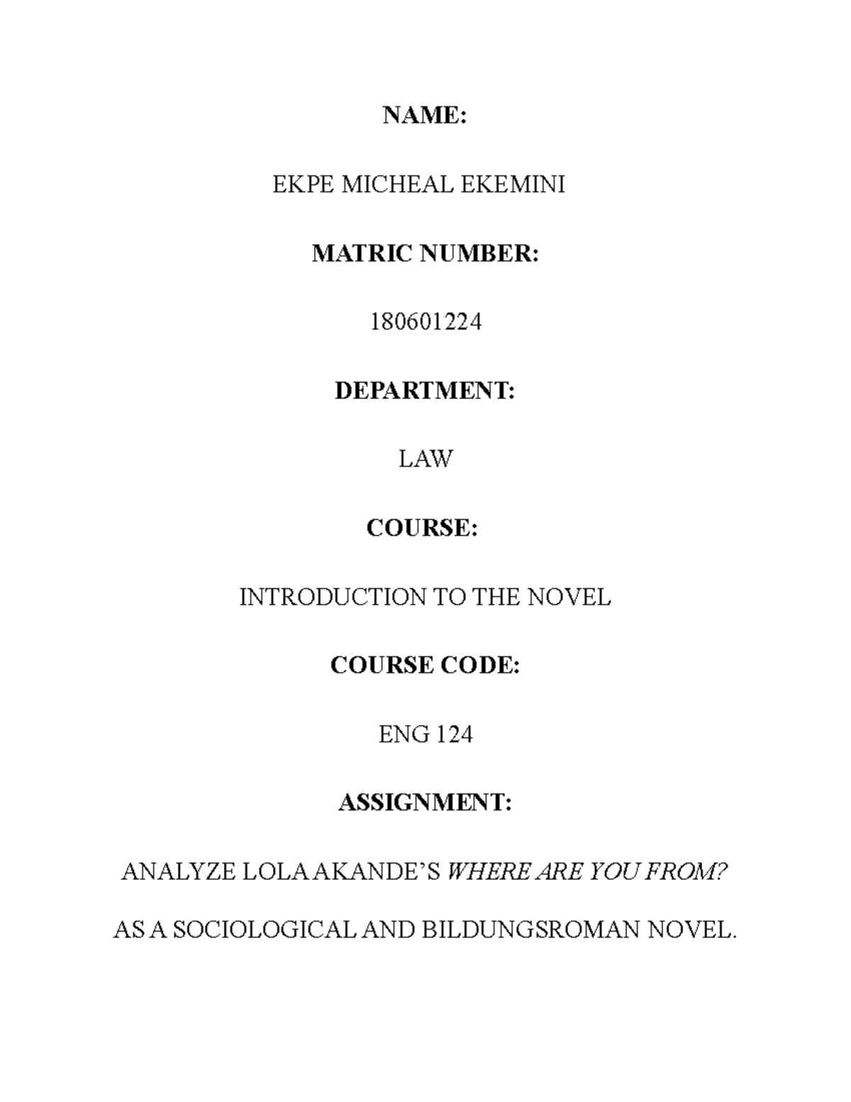 ENG 124 Assignment - Analyse The Novel Where Are You From as a ...