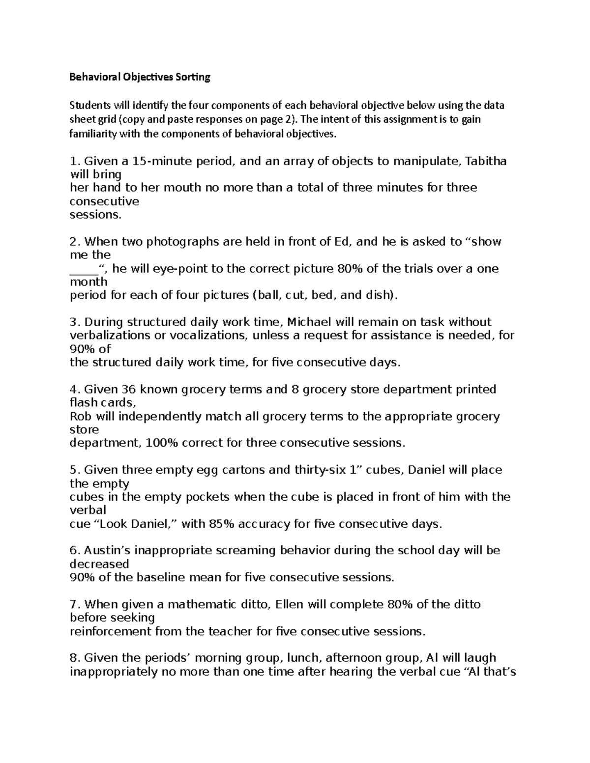 Behavioral Objectives Assignment - Behavioral Objectives Sorting ...