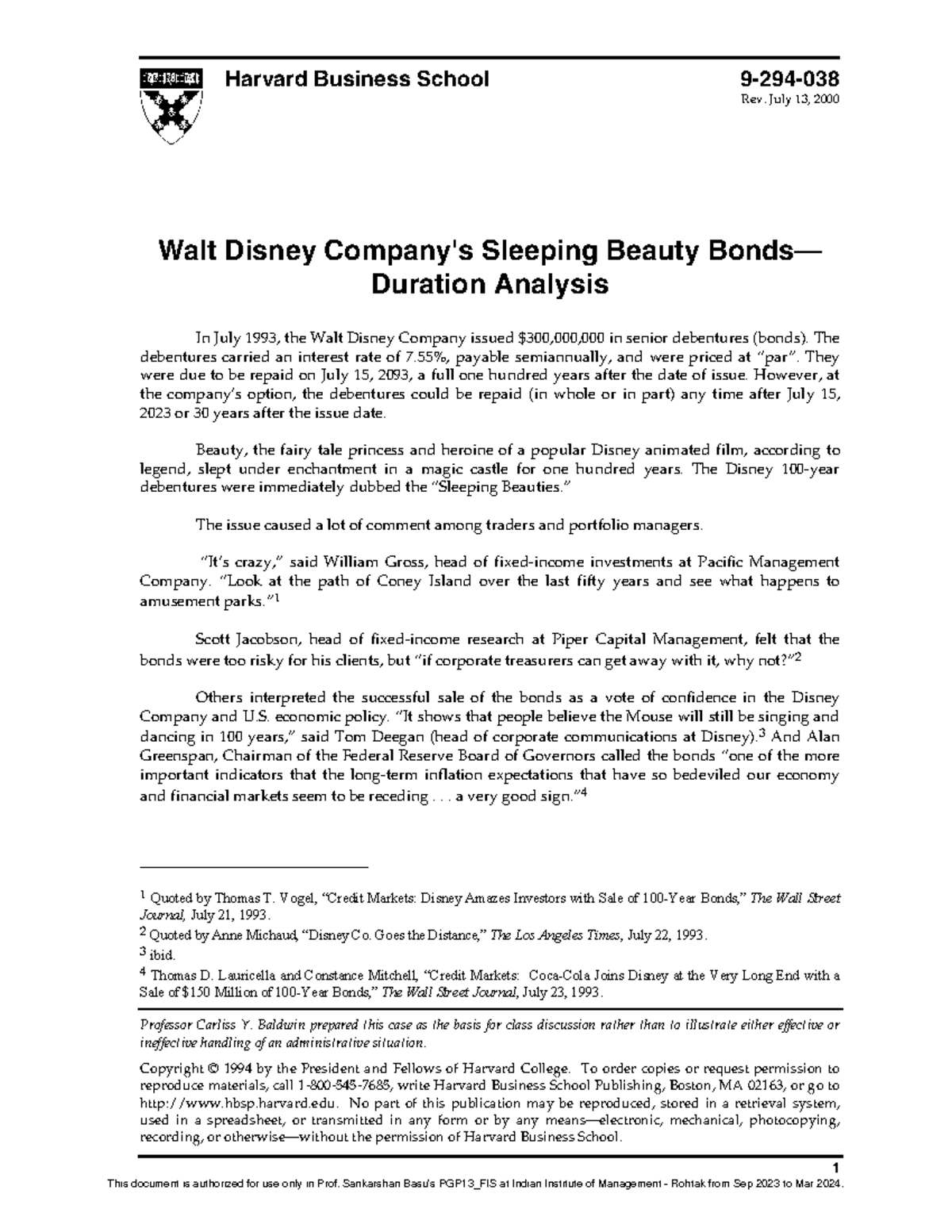 C1 Walt Disney Companys Sleeping Beauty Bonds—Duration Analysis ...