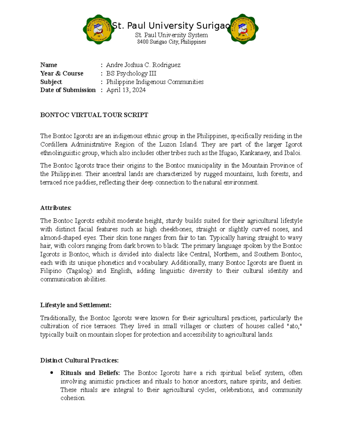 Rodriguez - Bontoc Virtual TOUR Script - St. Paul University Surigao St ...