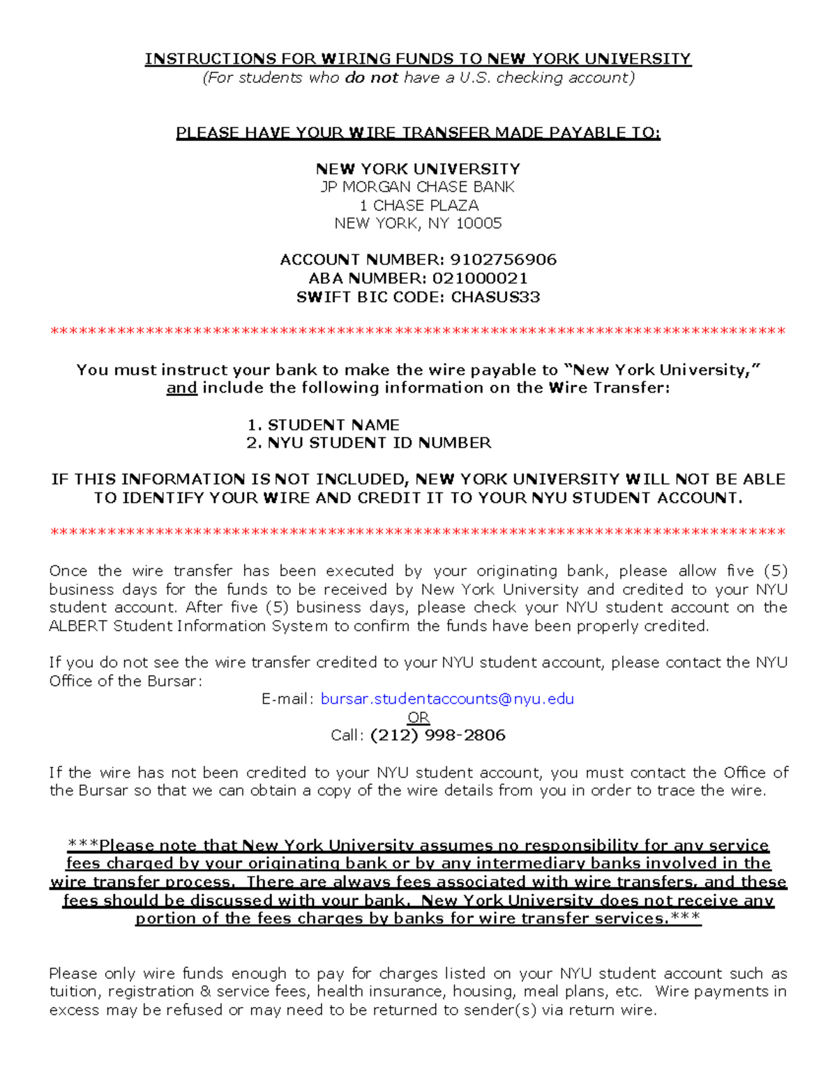 JP Morgan Chase Bank wire transfer instructions - INSTRUCTIONS FOR ...