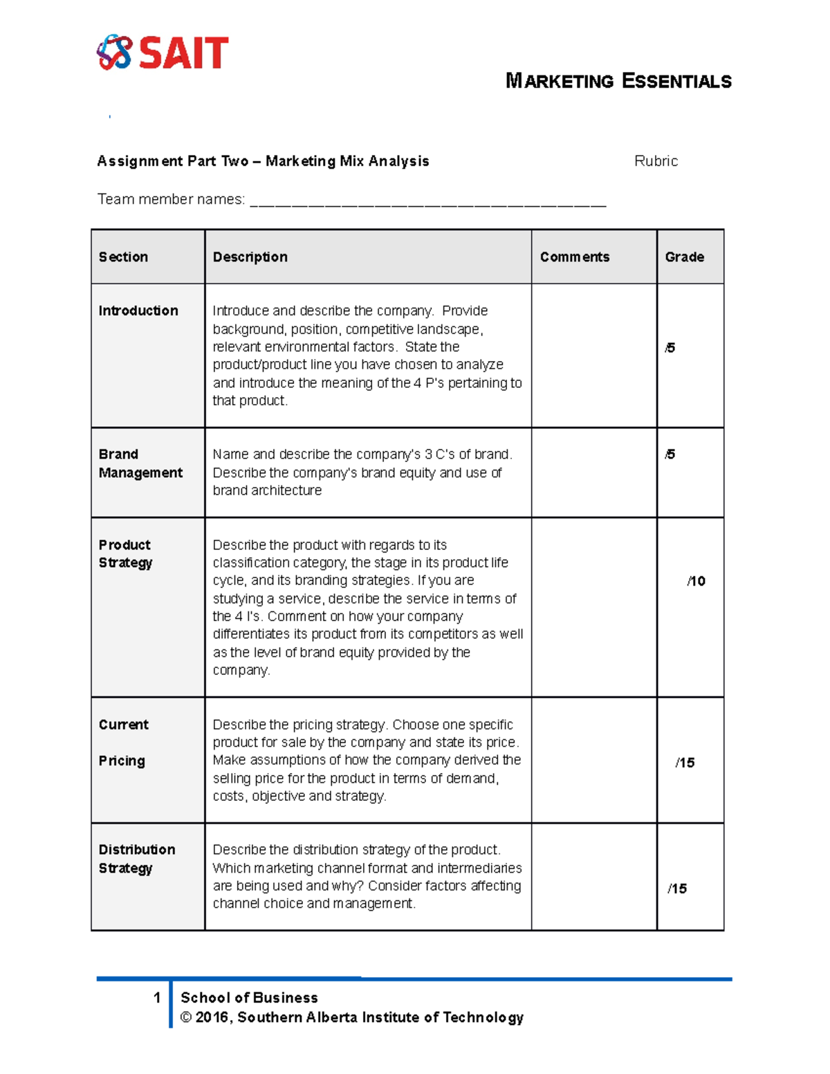 Assignment 2 Marketing Mix Analysis Rubric - MARKETING ESSENTIALS ...
