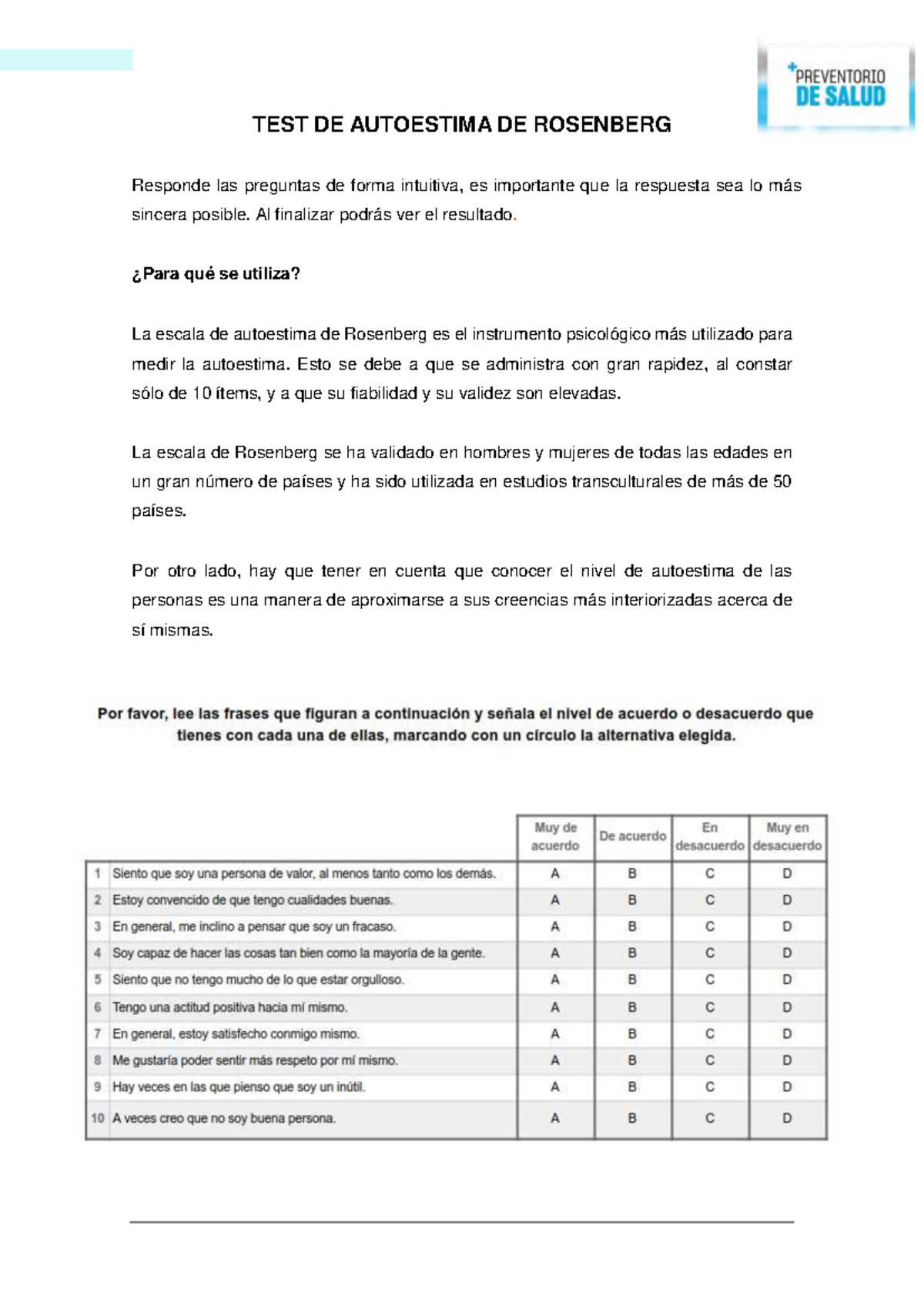 Test-de-Autoestima - Rosenberg Prueba- Ficha de aplicación - La Escala ...