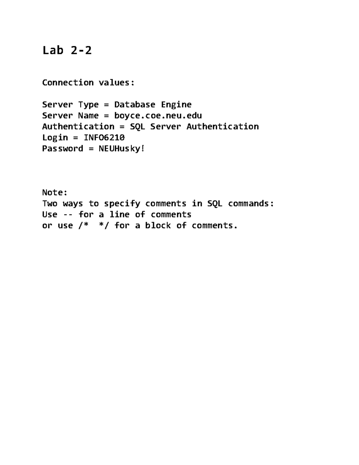 Lab 2-2p - ASSignment - Lab 2- Connection values: Server Type ...