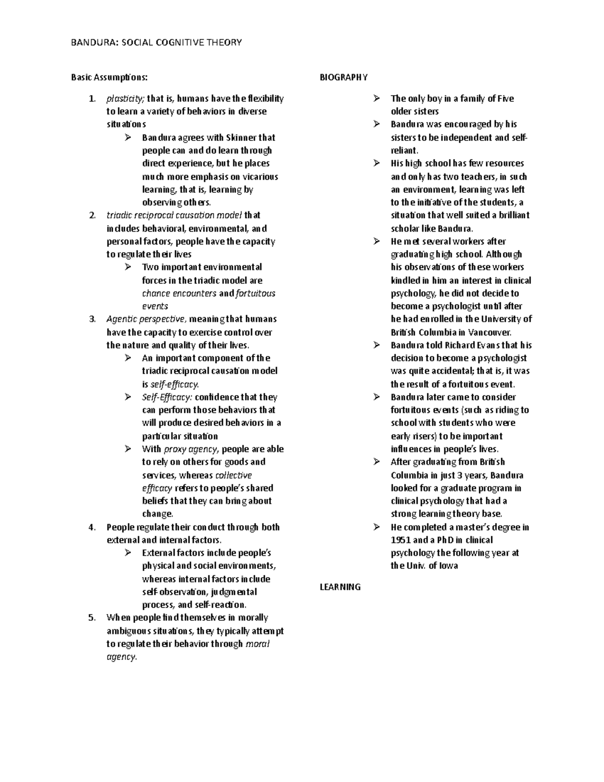 Bandura: Social Cognitive Theory - Basic Assumptions: plasticity; that ...