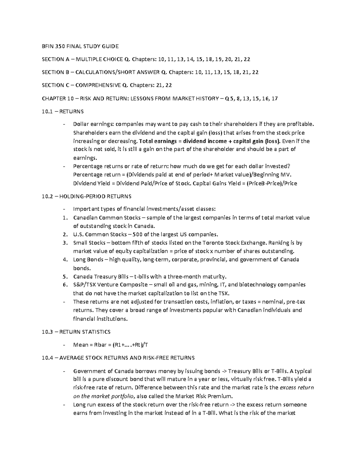 BFIN 350 Final Study Guide - BFIN 350 FINAL STUDY GUIDE SECTION A – MULTIPLE CHOICE Q. Chapters ...