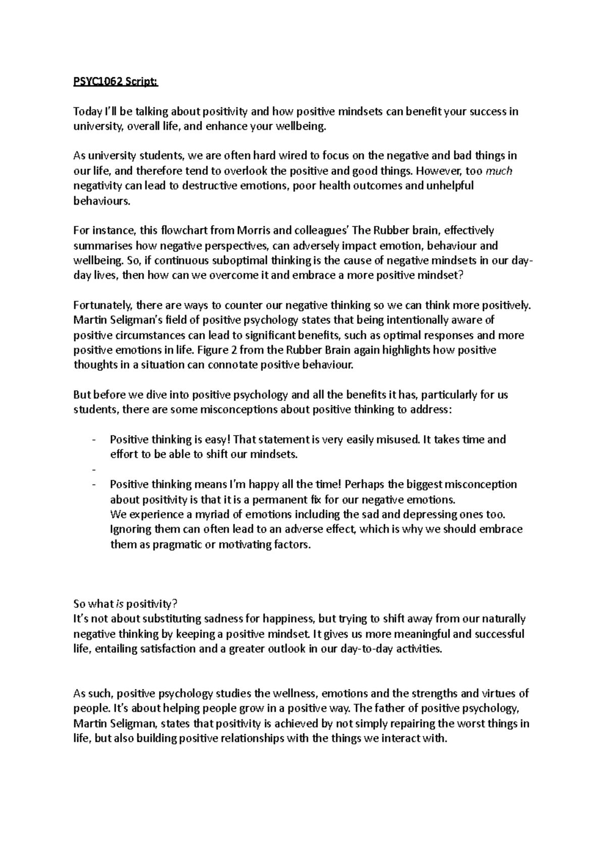 PSYC1062 - Wellbeing Video Script - PSYC1062 Script: Today I’ll be ...