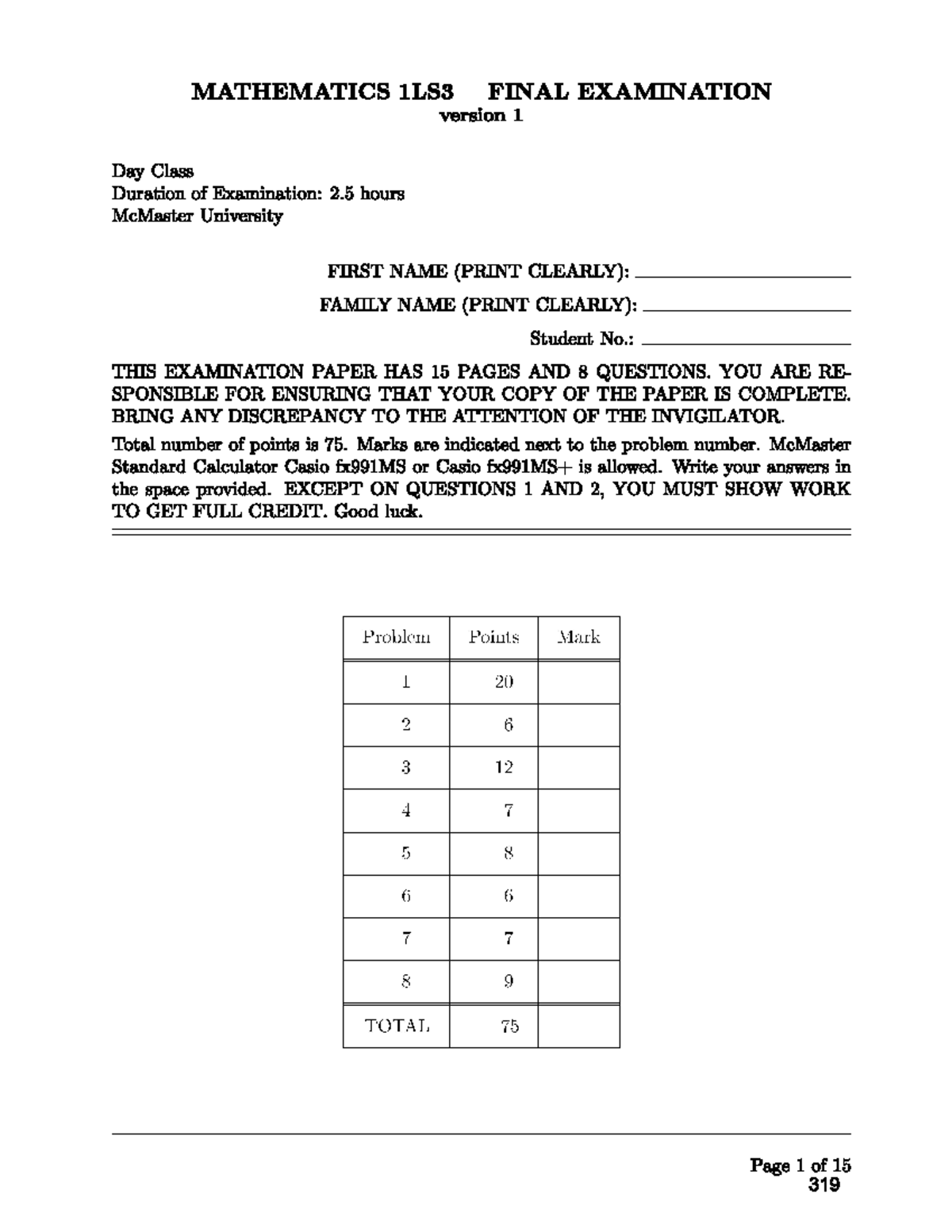 Practice Final 2019 coursepack - Math 1Ls3 - Studocu