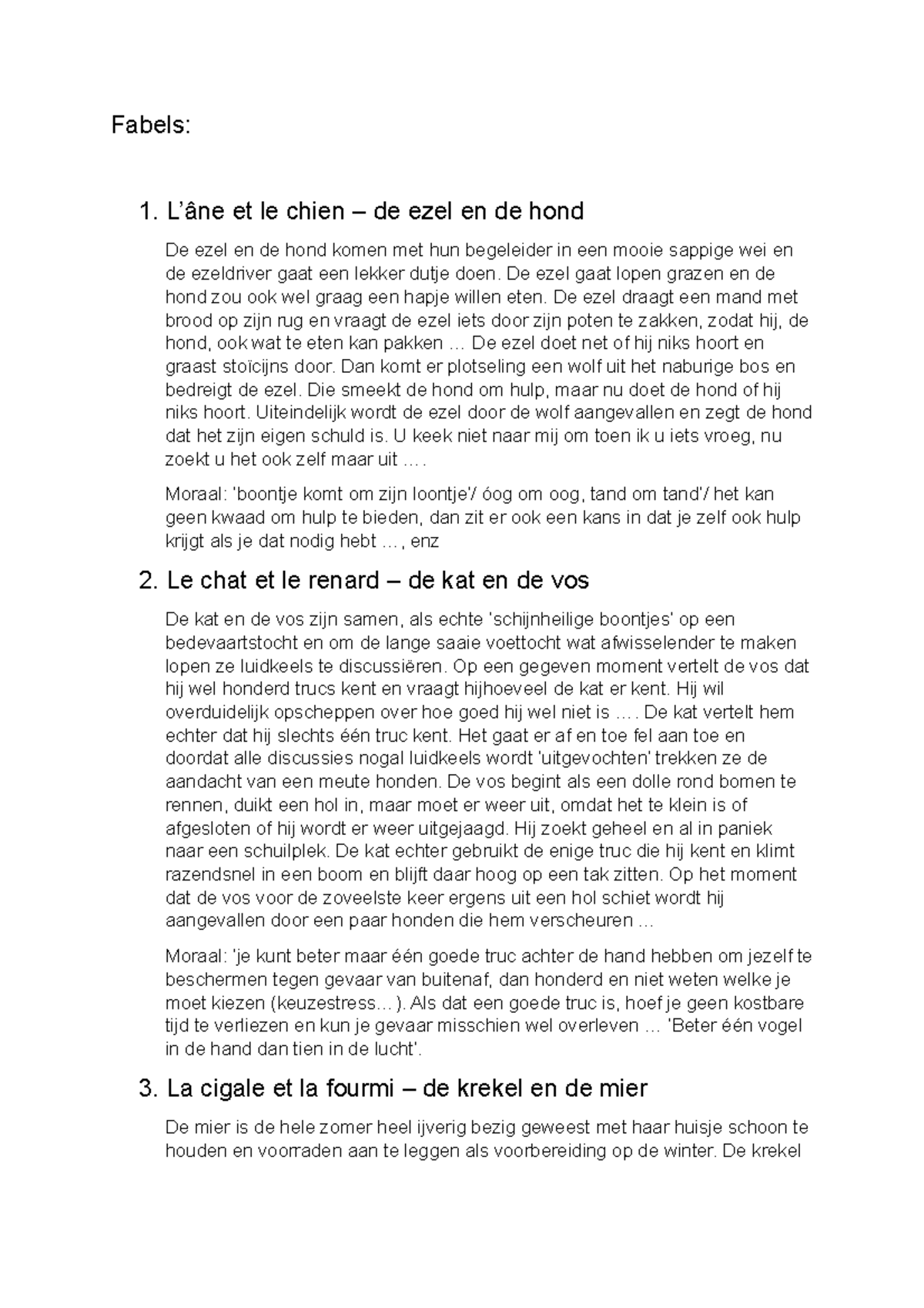 13 Fabels, uitwerkingen - Fabels: 1. L’âne et le chien – de ezel en de ...