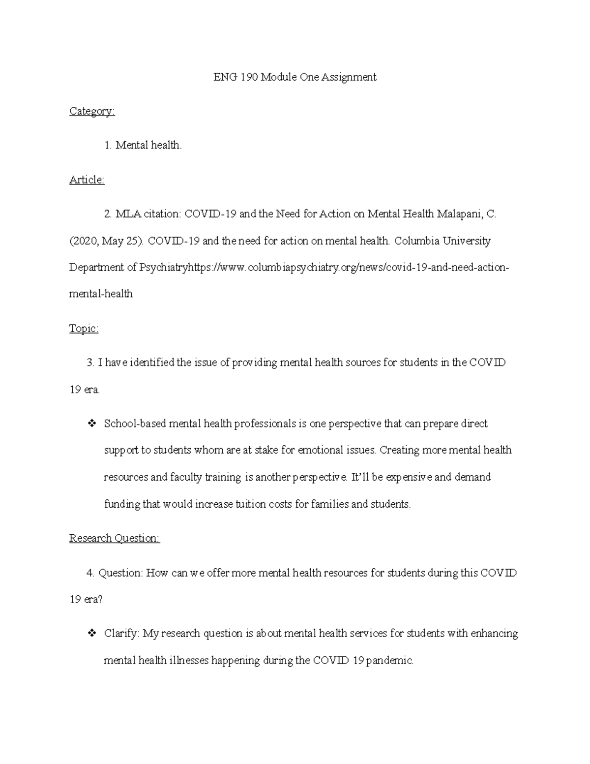 Chapter 1 Assignment Research Question - ENG 190 Module One Assignment ...