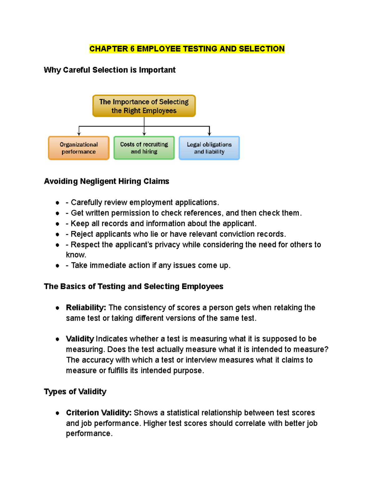 HRM Final - CHAPTER 6 EMPLOYEE TESTING AND SELECTION Why Careful ...