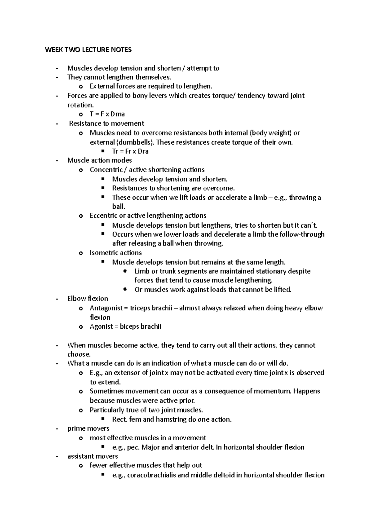 Week Two Lecture Xnb274 Functional Anatomy Week Two Lecture Notes Muscles Develop Tension 