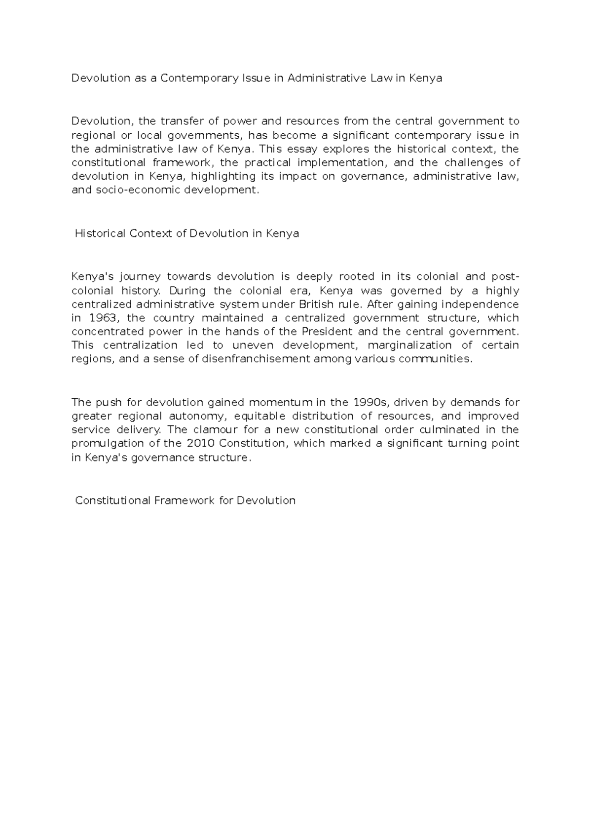 Devolution as a Contemporary Issue in Administrative Law in Kenya - This essay explores the ...
