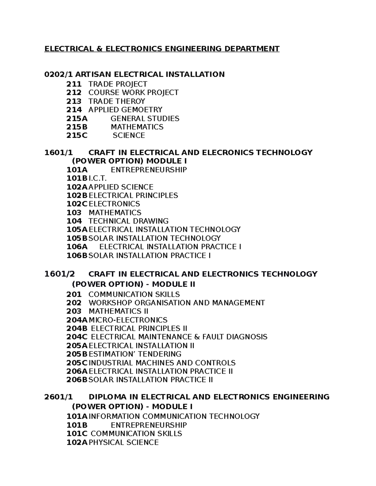 Subject Codes - Summaries for the course - ELECTRICAL & ELECTRONICS ...
