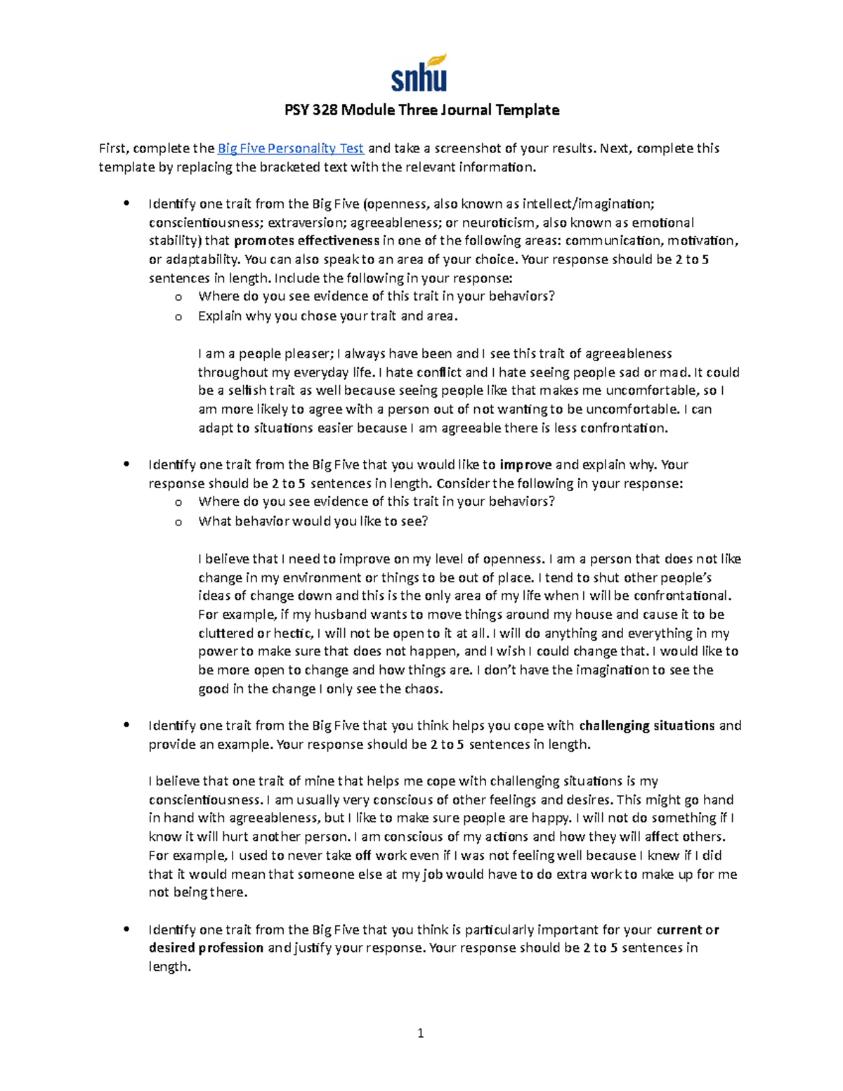 PSY 328 Module Three Journal - Next, complete this template by replacing the bracketed text with ...