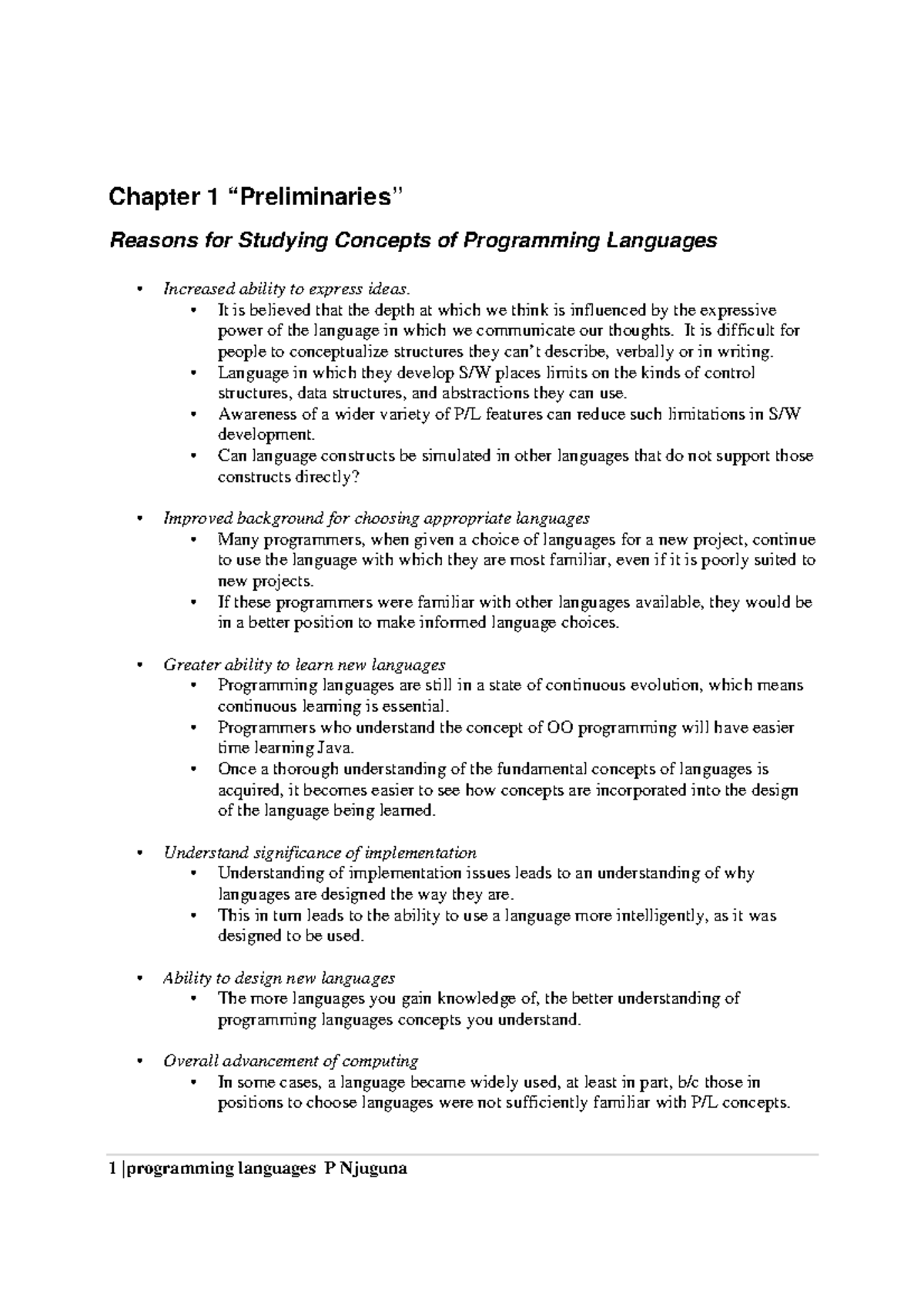 Sco 306 programming Languages course notes - Chapter 1 “Preliminaries ...