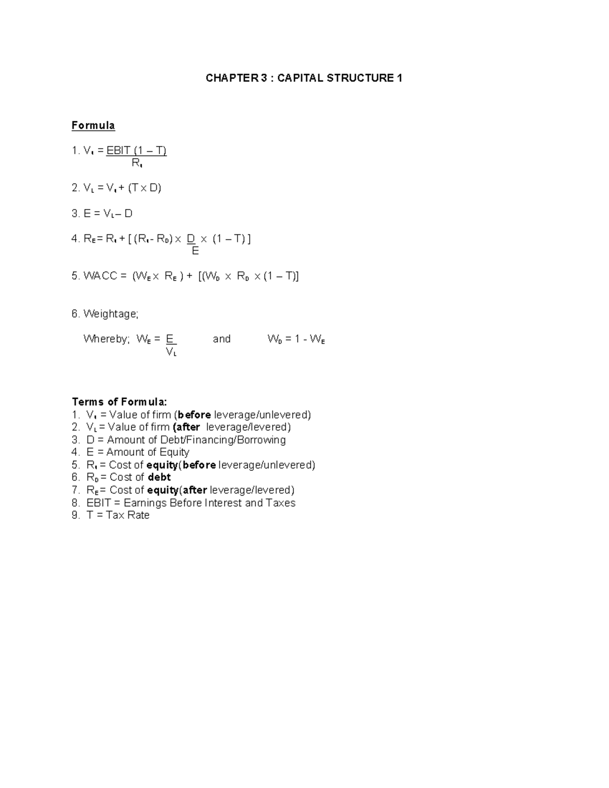 Chapter 3 - Formula - CHAPTER 3 : CAPITAL STRUCTURE 1 Formula Vu = EBIT ...