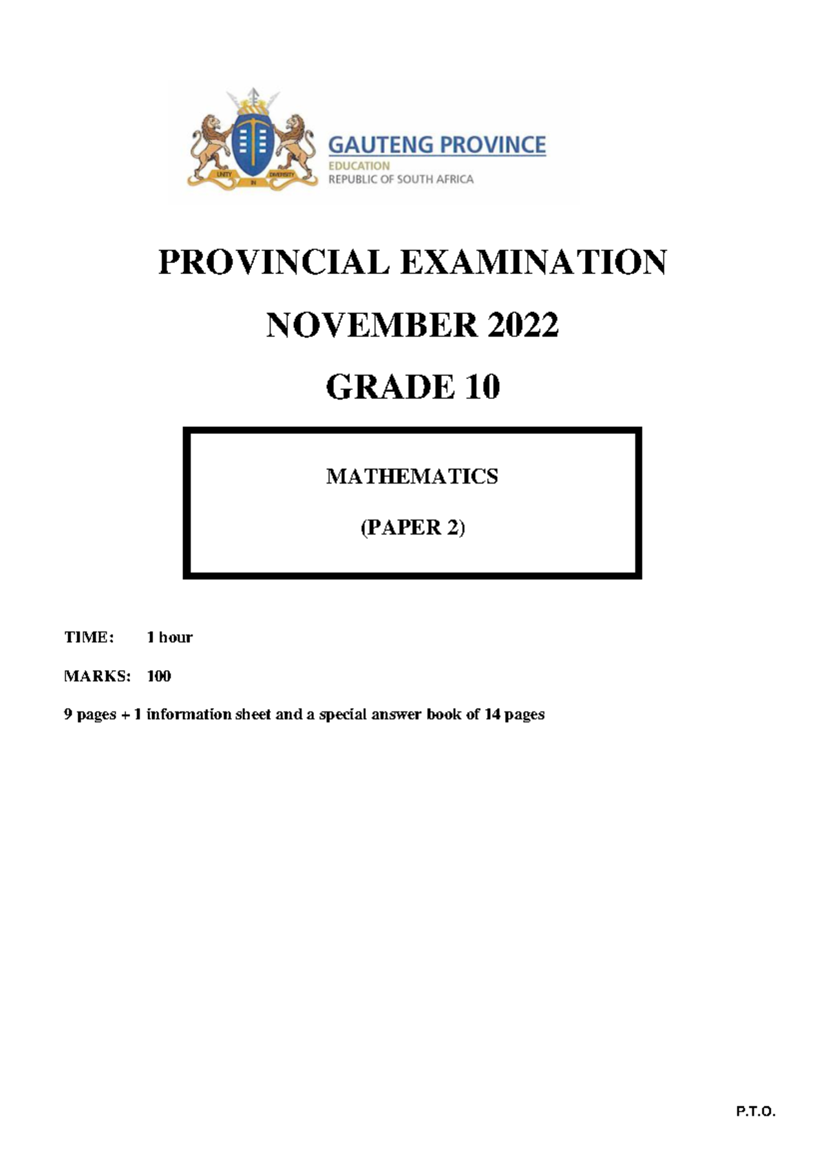 2022 Grade 10 Final EXAM NOV MATH Paper 2 GP - PROVINCIAL EXAMINATION ...