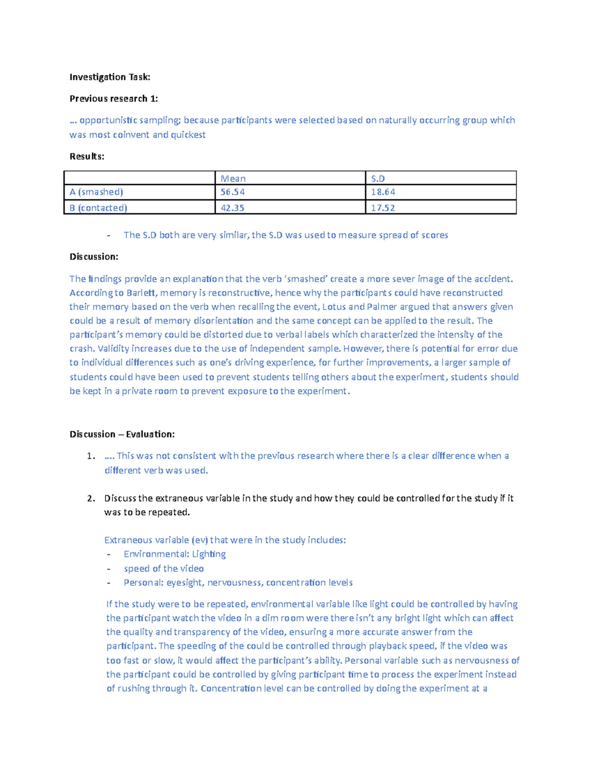Investigation Task for Psychology Unit 3 - Investigation Task: Previous ...