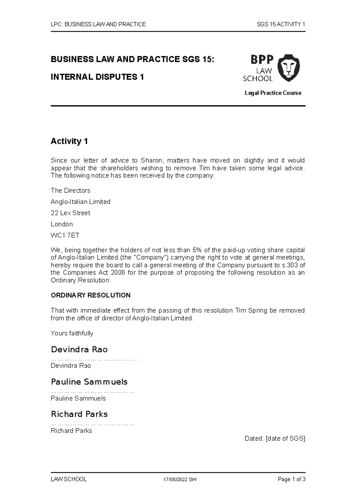 BLP+SGS+15+Activity+1+22-23 - LPC: BUSINESS LAW AND PRACTICE SGS 15 ...