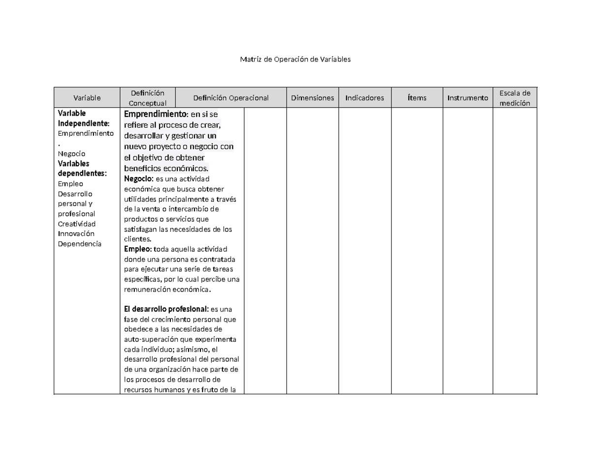 Matriz de Operación de Variables y ejercicio 5 - Matriz de Operación de ...