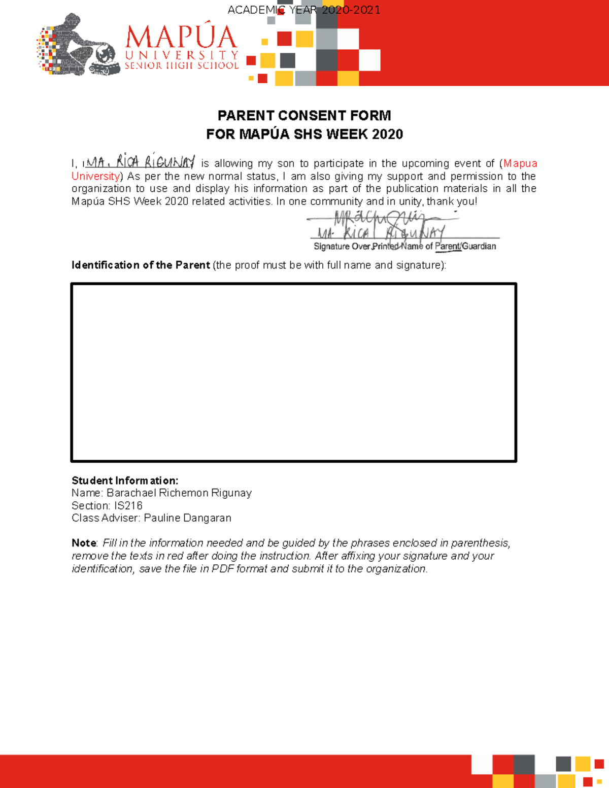 IS216 Rigunay, Barachael Richemon - PARENT CONSENT FORM FOR MAPÚA SHS ...