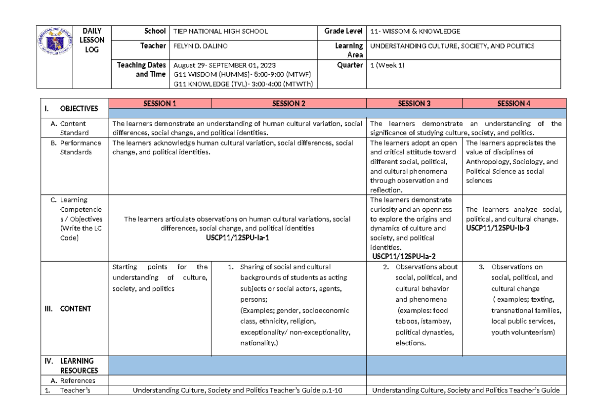 USCP DLL WEEK 1 - I. OBJECTIVES SESSION 1 SESSION 2 SESSION 3 SESSION 4 A. Content Standard The ...
