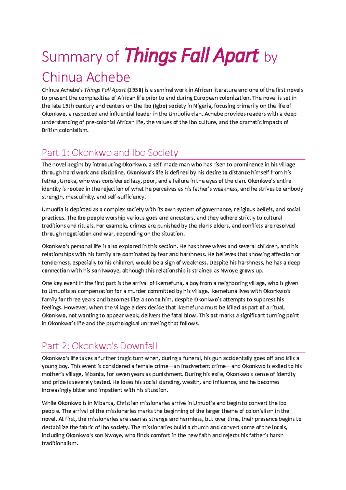 Summary of Things Fall Apart by Chinua Achebe - Summary of Things Fall ...