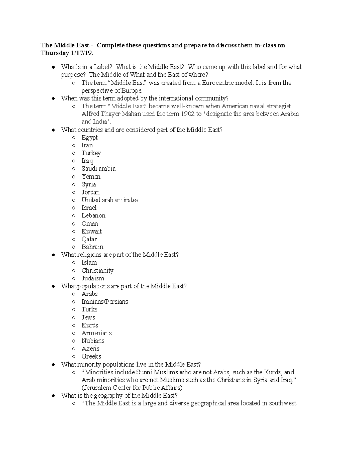 Week 1 Activities - First class assignment - The Middle East - Complete ...
