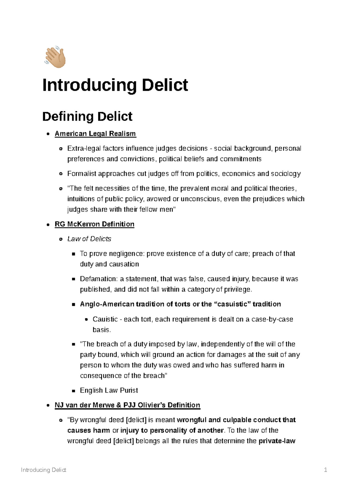 Introducing Delict - Introducing Delict Defining Delict American Legal ...