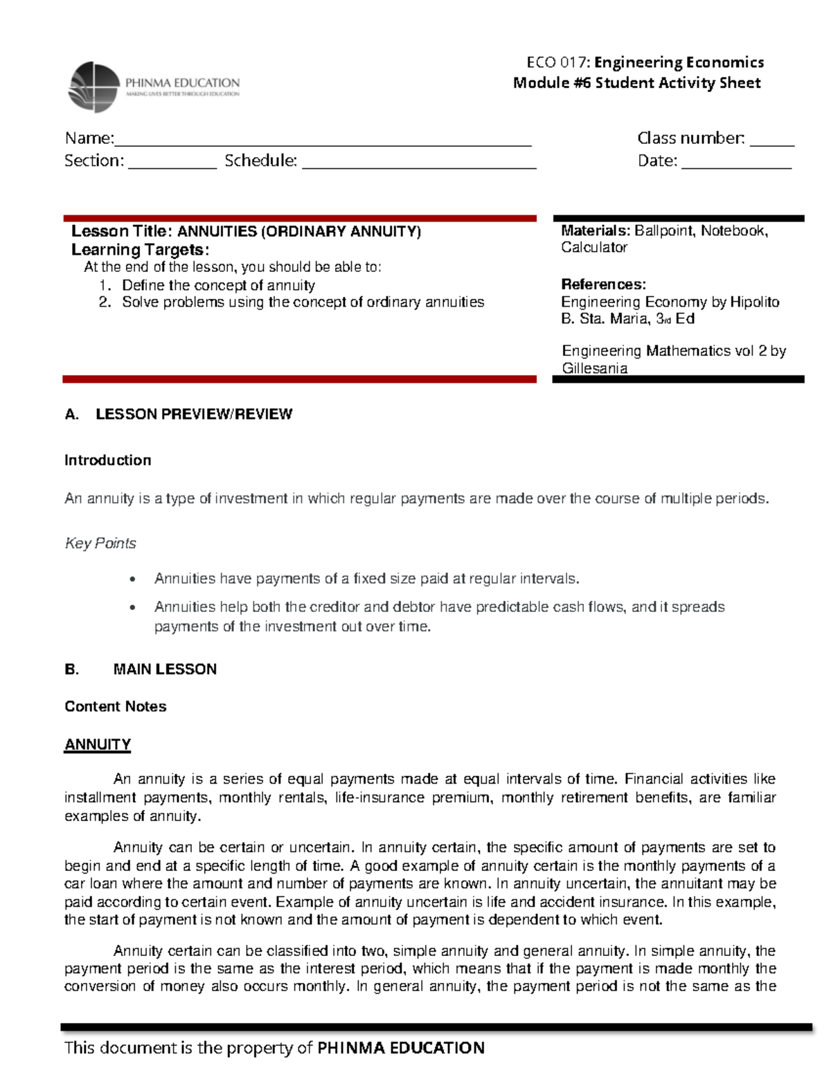 Annuities ( Ordinary Annuity) - Module #6 Student Activity Sheet - Studocu