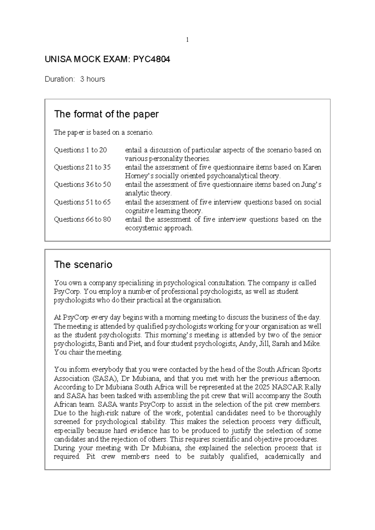 Mock exam - Mock exam - UNISA MOCK EXAM: PYC Duration: 3 hours The ...