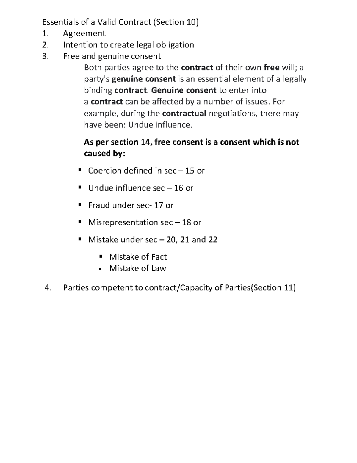 Essentials of a valid contract - Genuine consent to enter into a ...