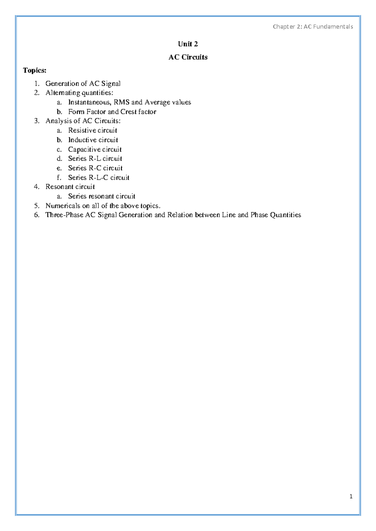 Unit 2 AC Fundamentals Updated - Unit 2 AC Circuits Topics: Generation of AC Signal Alternating ...