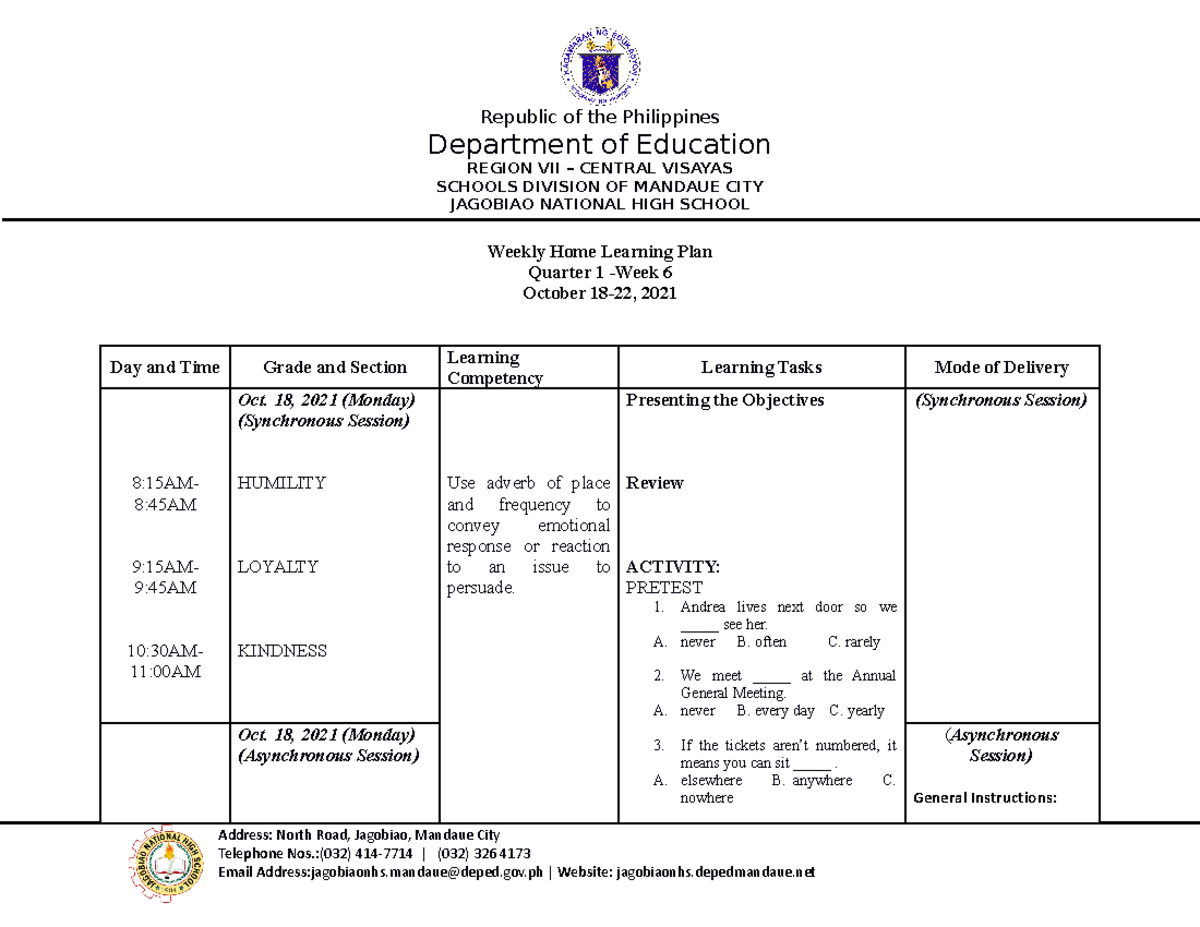 WHLP1 - lesson plan - Republic of the Philippines Department of ...