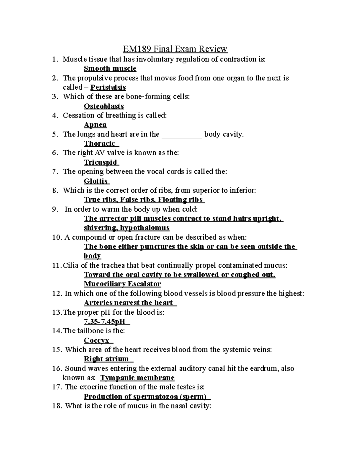 Anatomy Physiology Final Exam Answers EM189 Final Exam Review 