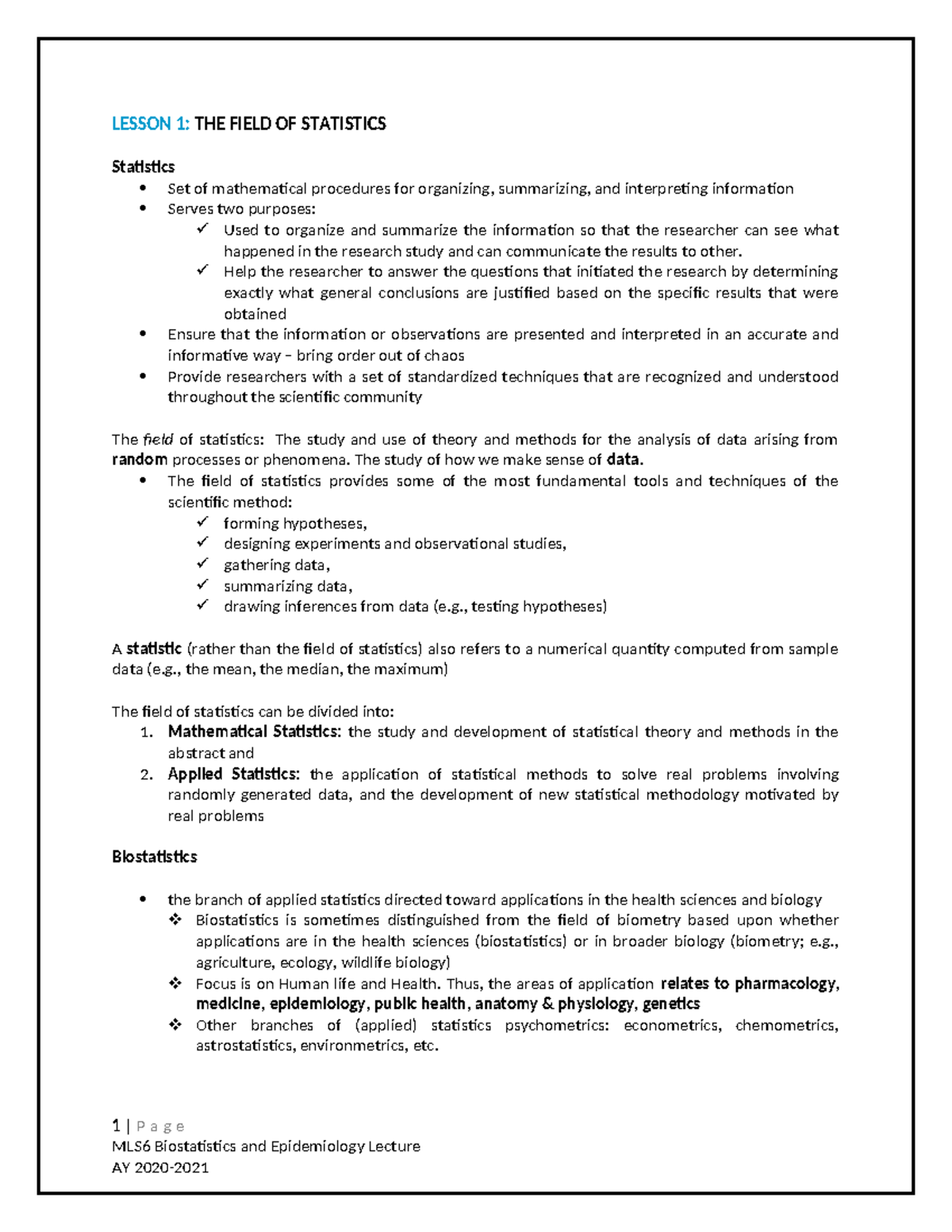 Biostatistics Module 1 Midterms - LESSON 1: THE FIELD OF STATISTICS ...